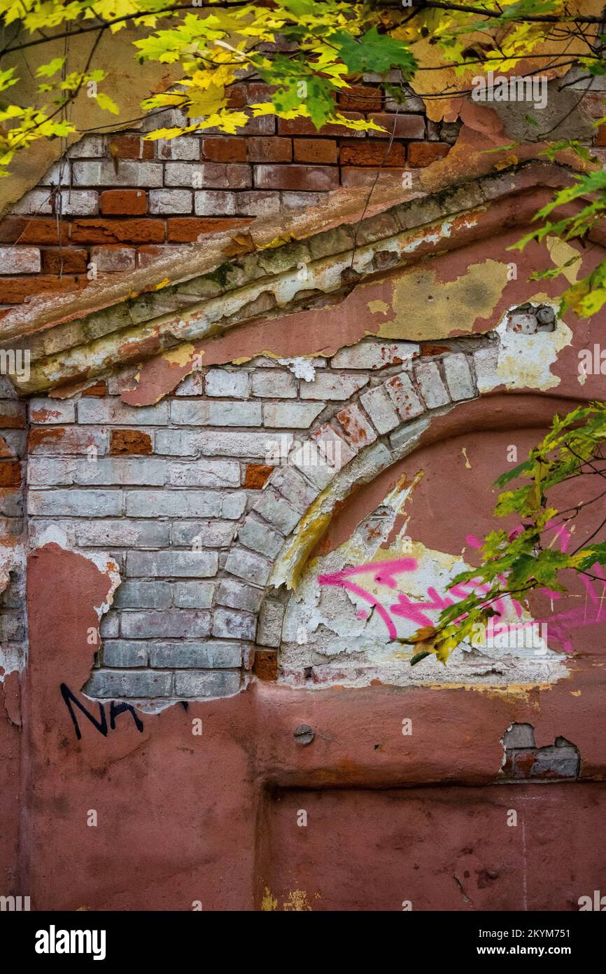 Peeling plaster on the facade of an old brick building, vertical ...