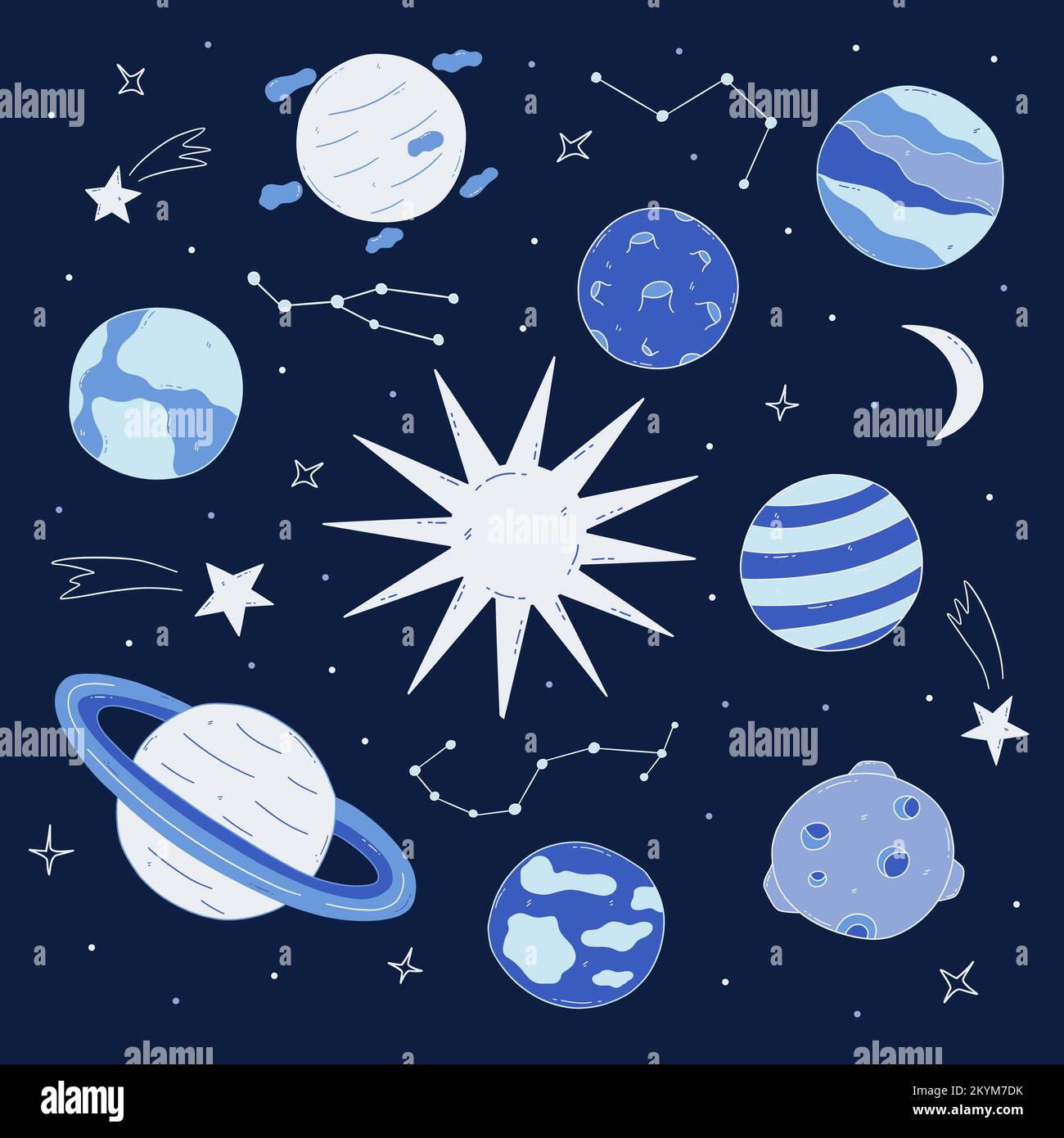 Planets in space around the sun on blue background of the universe ...