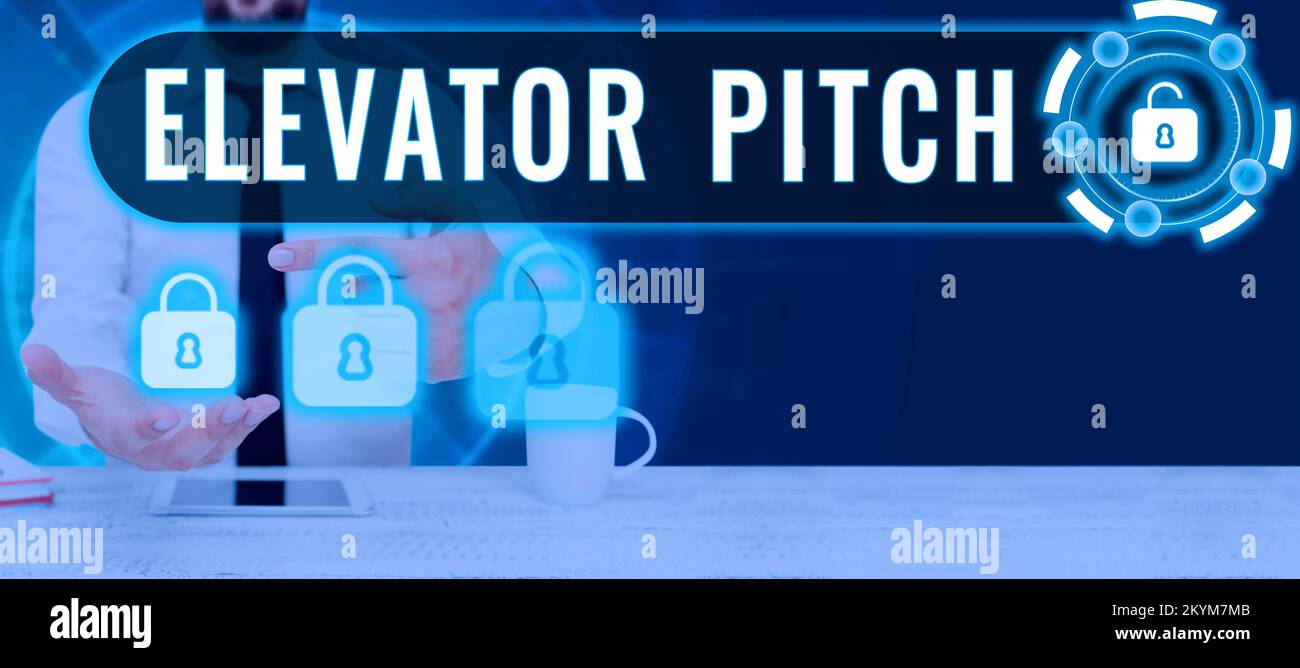 Text caption presenting Elevator Pitch. Concept meaning A persuasive ...