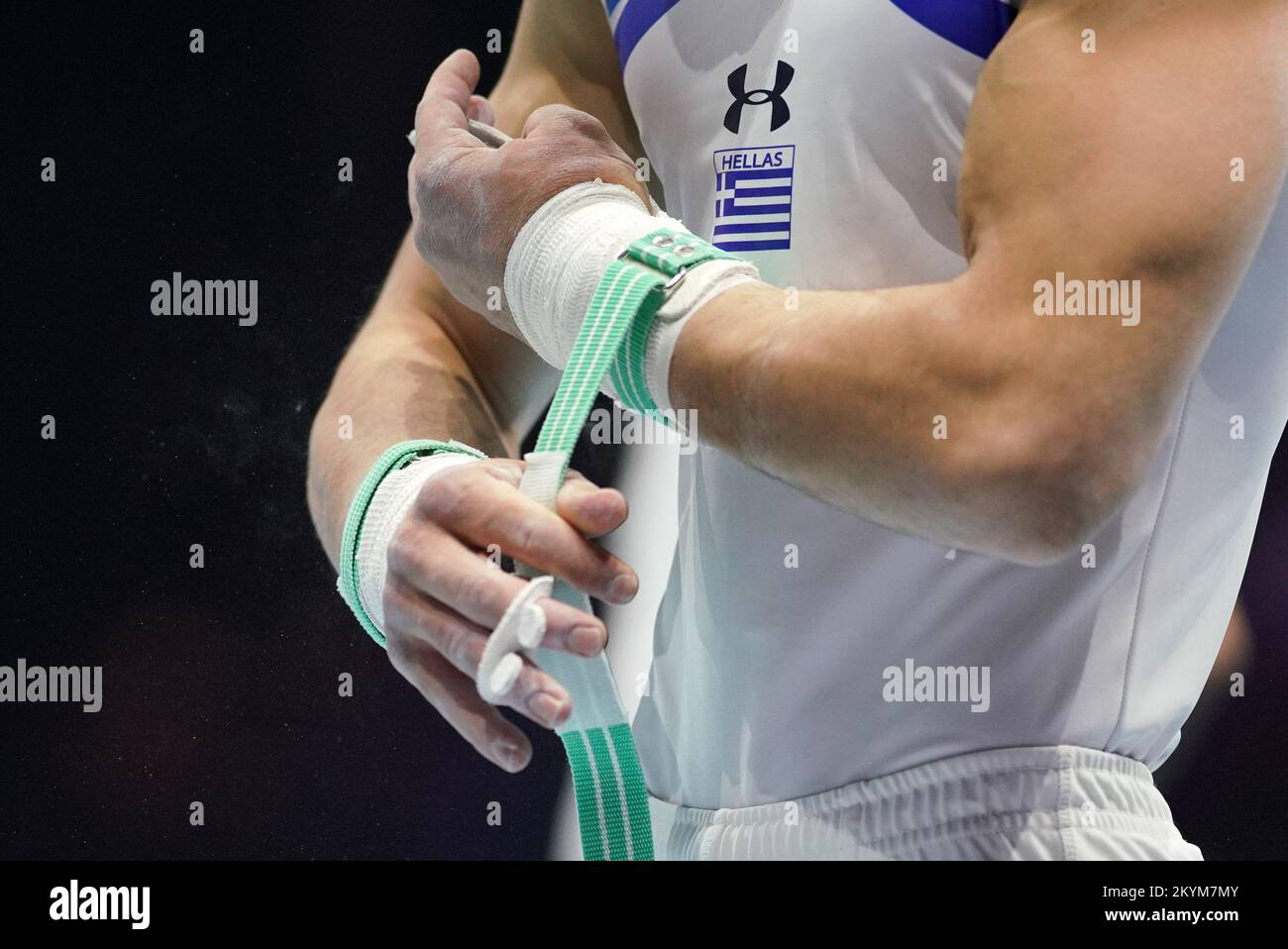 A close up of a gymnast’s hands preparing for a bars routine Stock ...