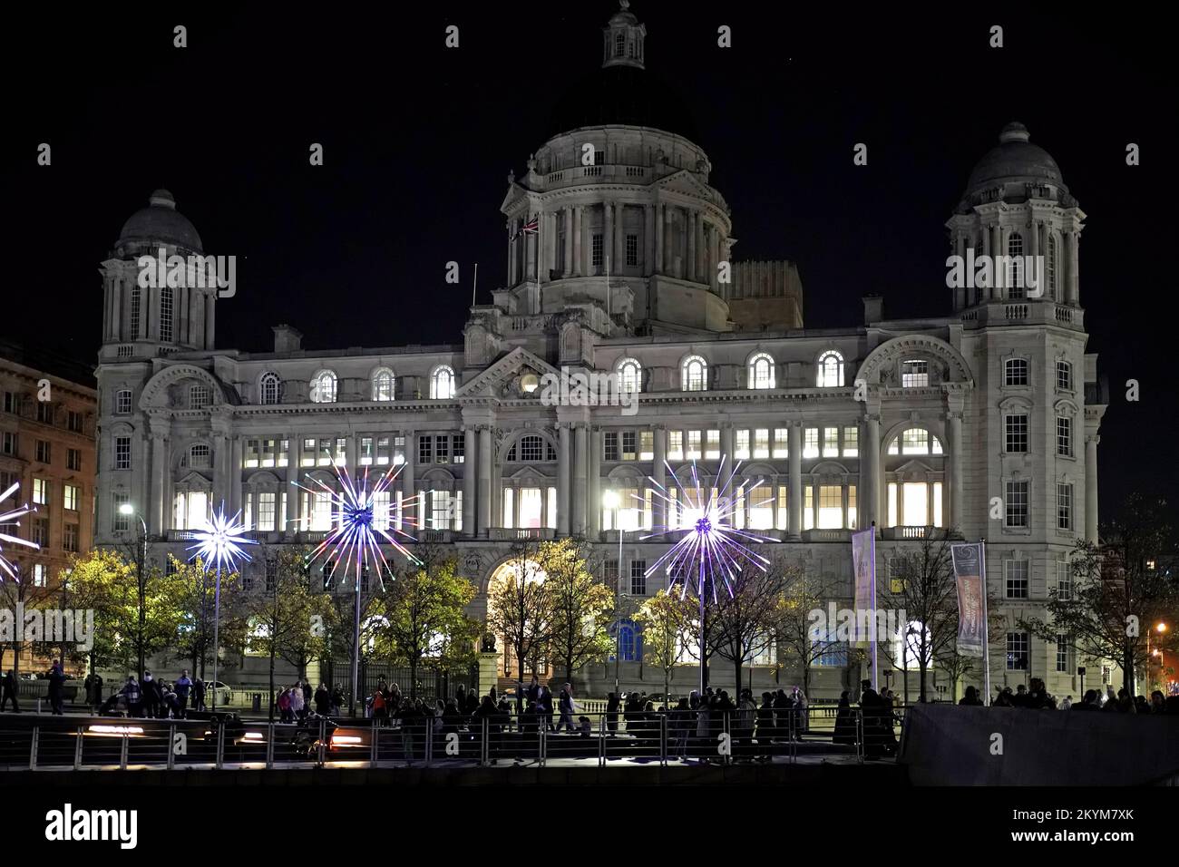 Liverpool as part of the River of Light festival. Royal Liver Building ...