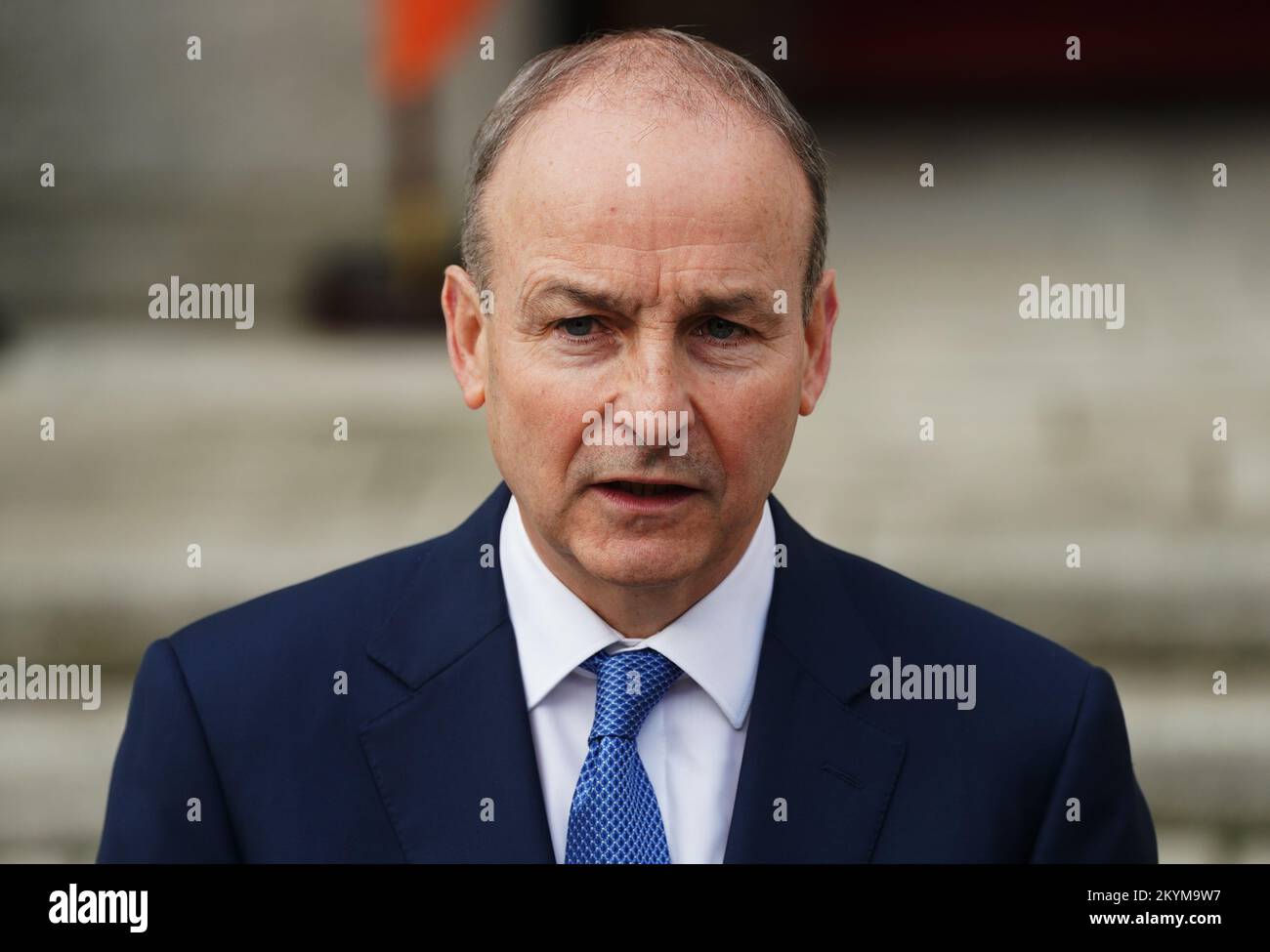 Taoiseach Micheal Martin speaking to the media at Government Buildings ...