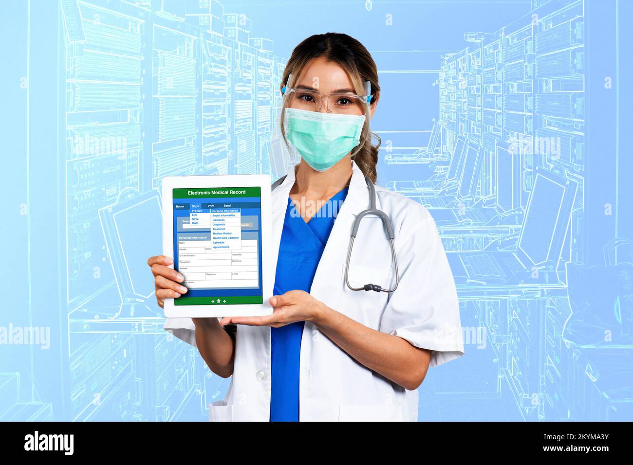 Front view and half body photo of female doctor holding digital tablet ...