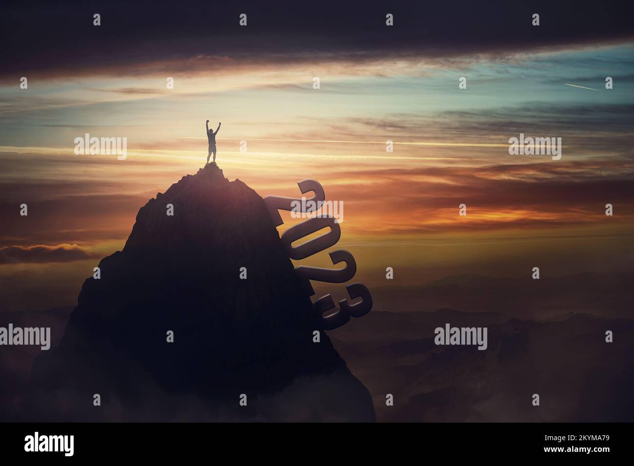 Successful person celebrates on the top of 2023 year mountain peak ...