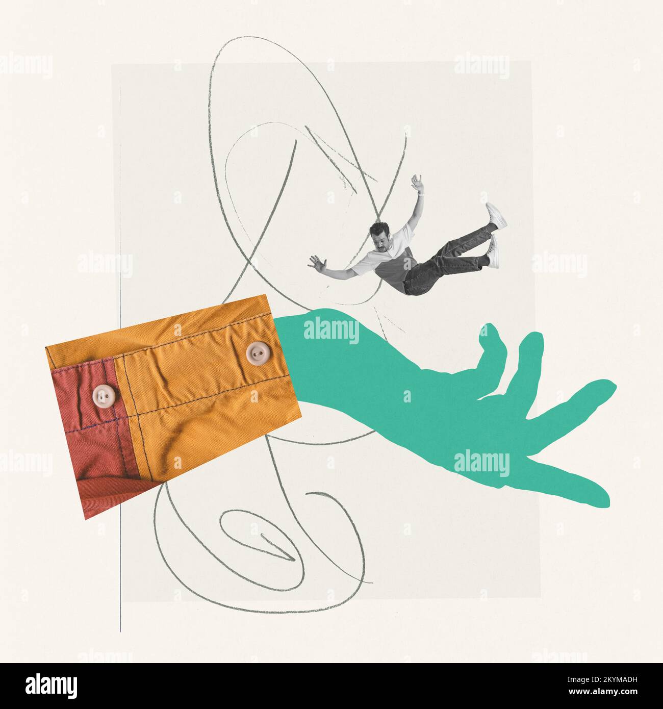 Contemporary art collage. Creative design. Man falling down on giant ...