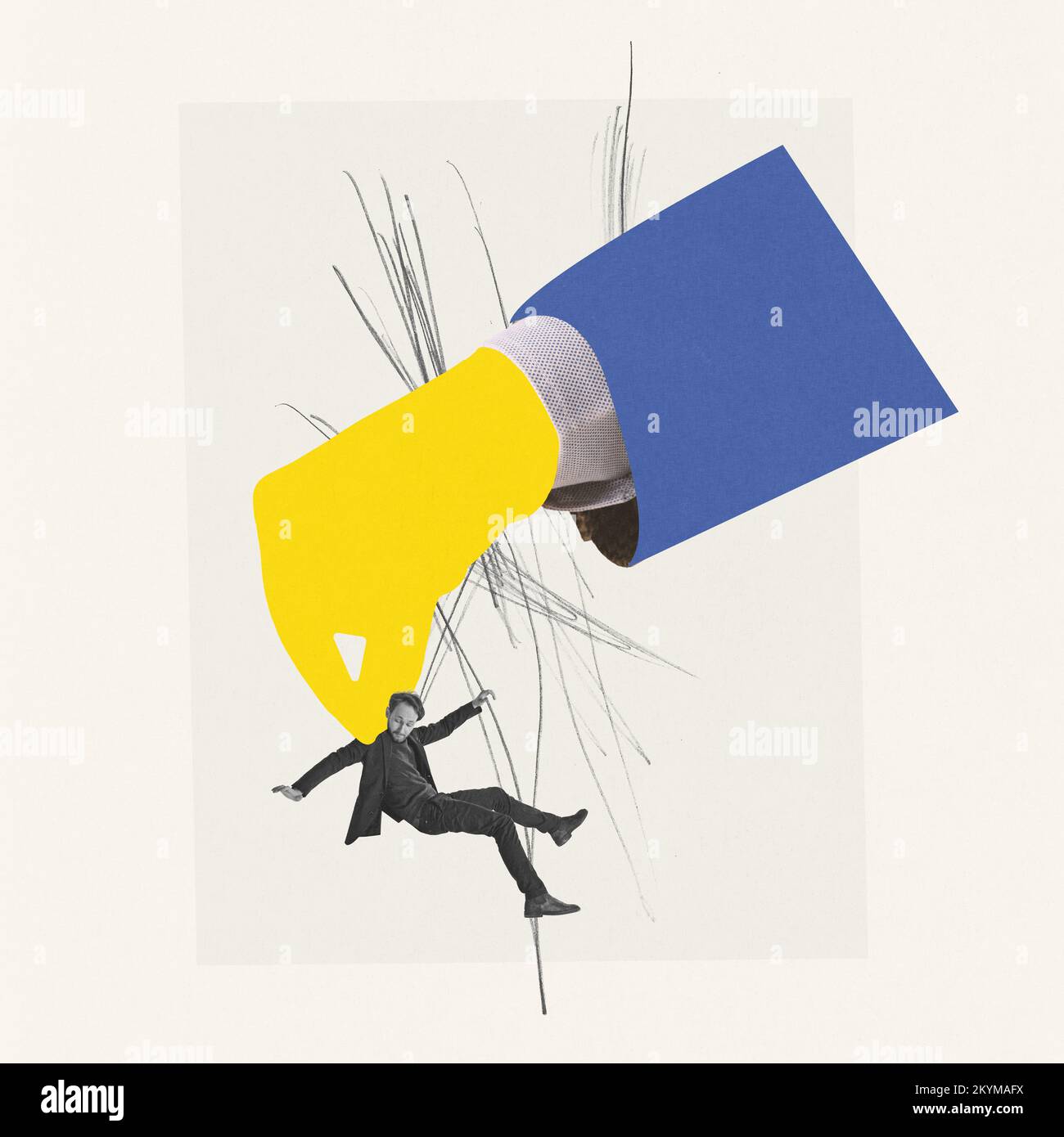 Contemporary art collage. Creative design. Illusion hand holding man in ...