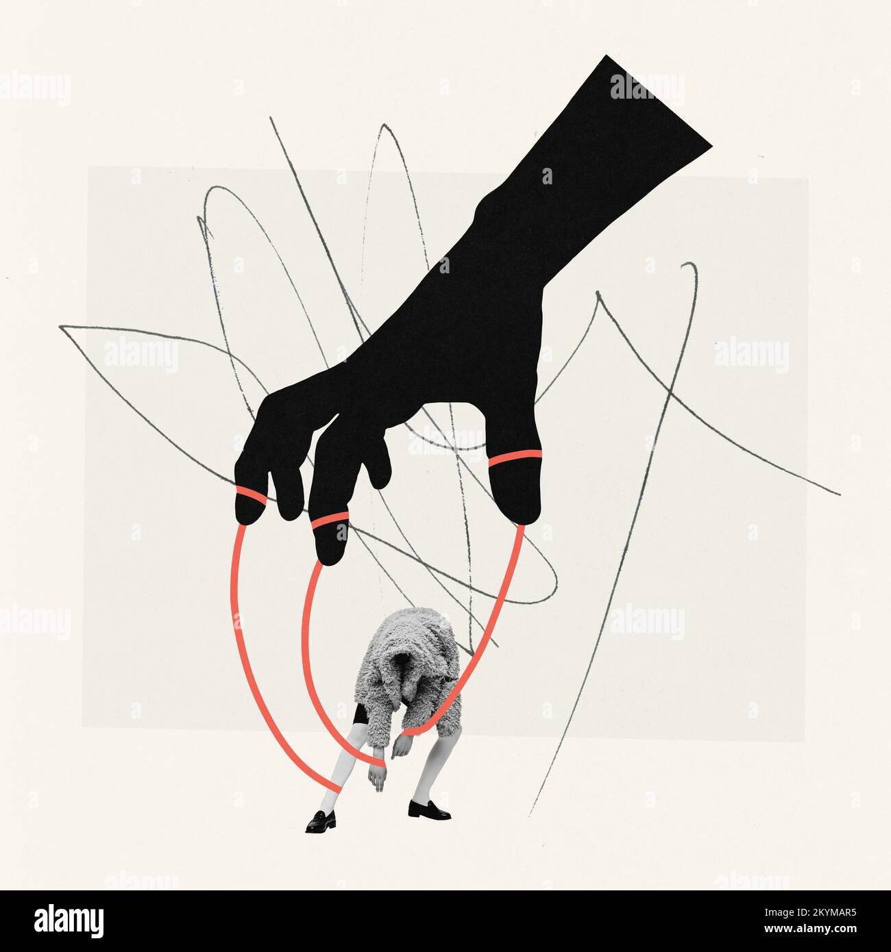 Contemporary art collage. Creative design. Giant black hand holding ...