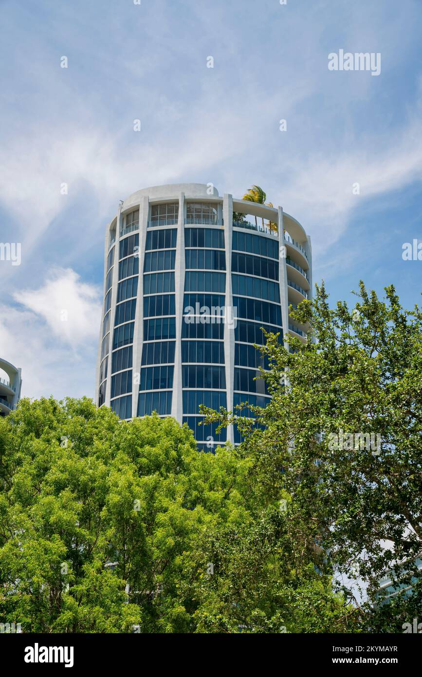 View of a round modern residential building against the sky at Miami ...