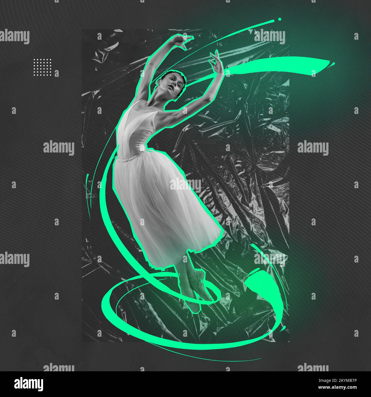 Creative poster with portrait of graceful ballet dancer in stage ...
