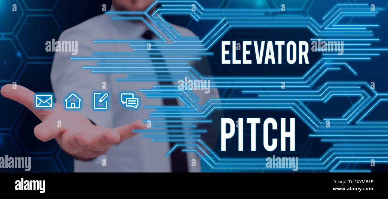 Text sign showing Elevator Pitch. Concept meaning A persuasive sales ...