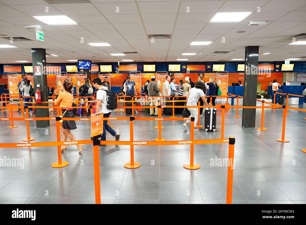 ROME, ITALY - AUGUST 16, 2015: easyJet check-in area. EasyJet is a ...