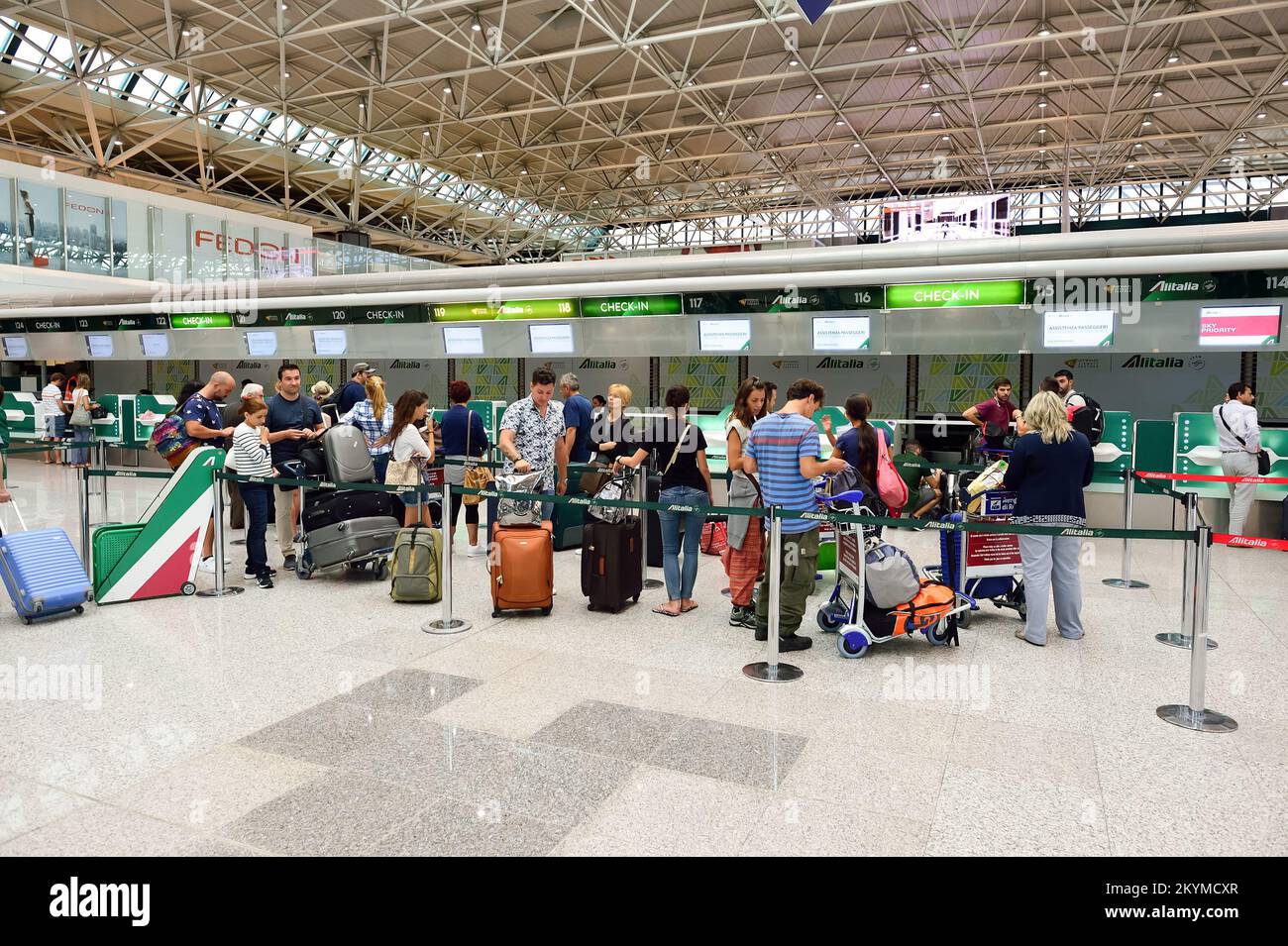 ROME, ITALY - AUGUST 16, 2015: passenger check-in area in FCO airport ...