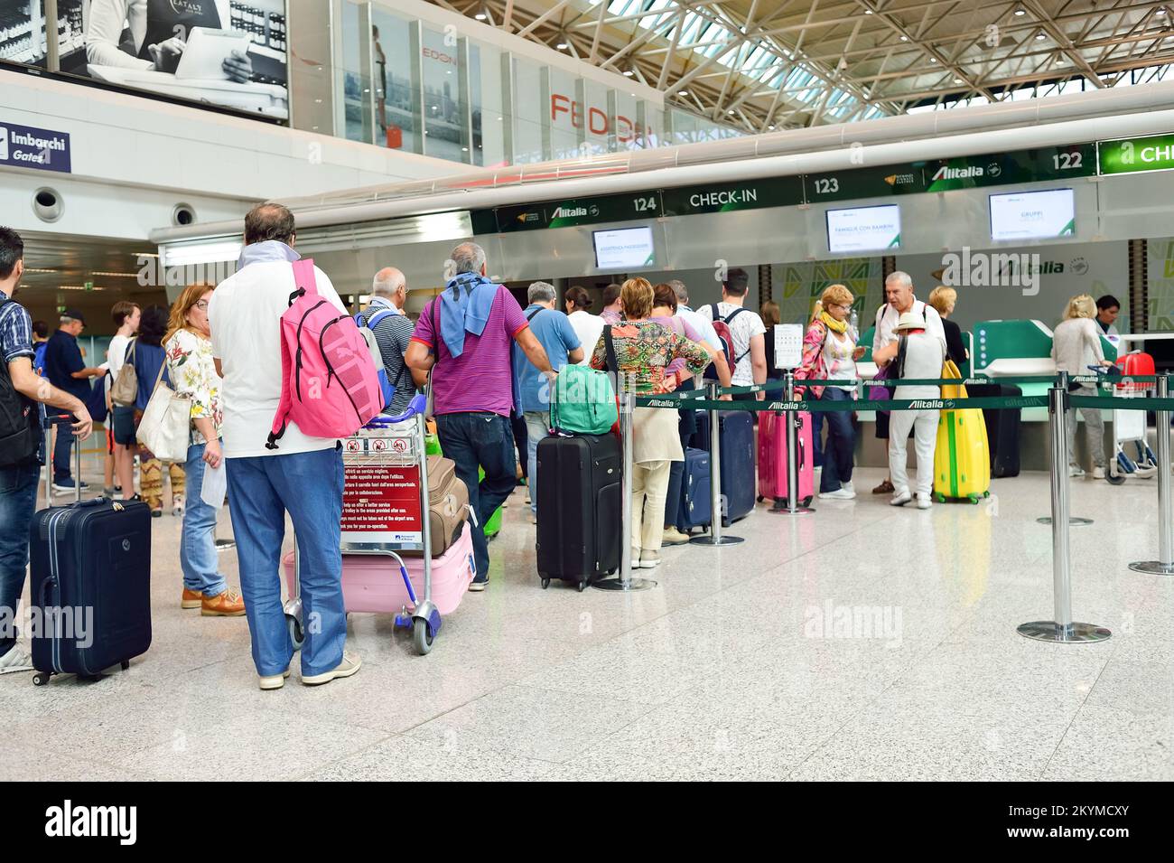 ROME, ITALY - AUGUST 16, 2015: passenger check-in area in FCO airport ...