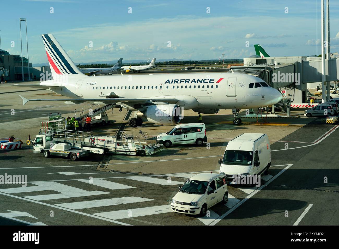 ROME, ITALY - AUGUST 16, 2015: docked jet aircraft in Fiumicino Airport ...