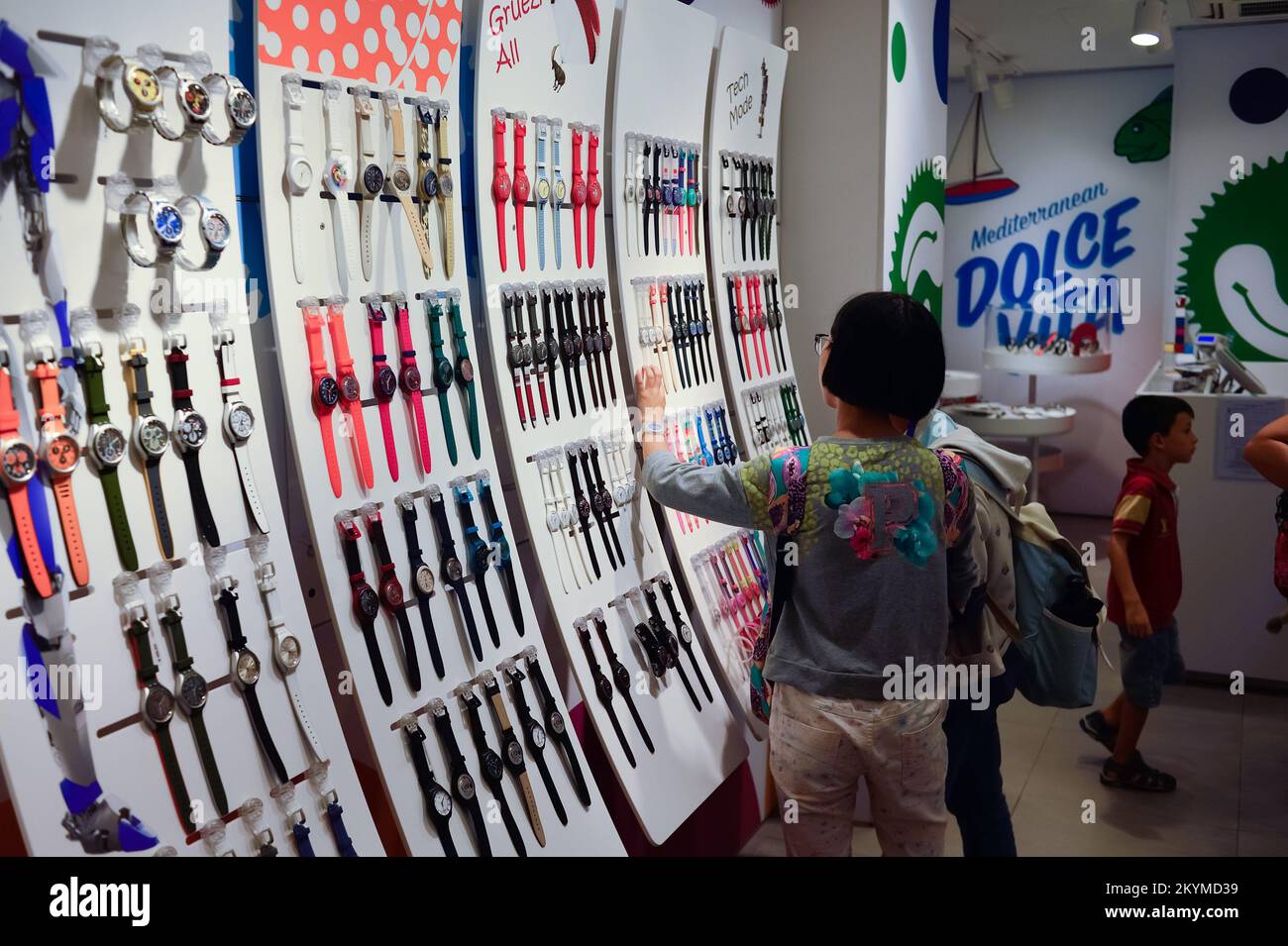 ROME, ITALY - AUGUST 16, 2015: Swatch store interior. Swatch SA design ...