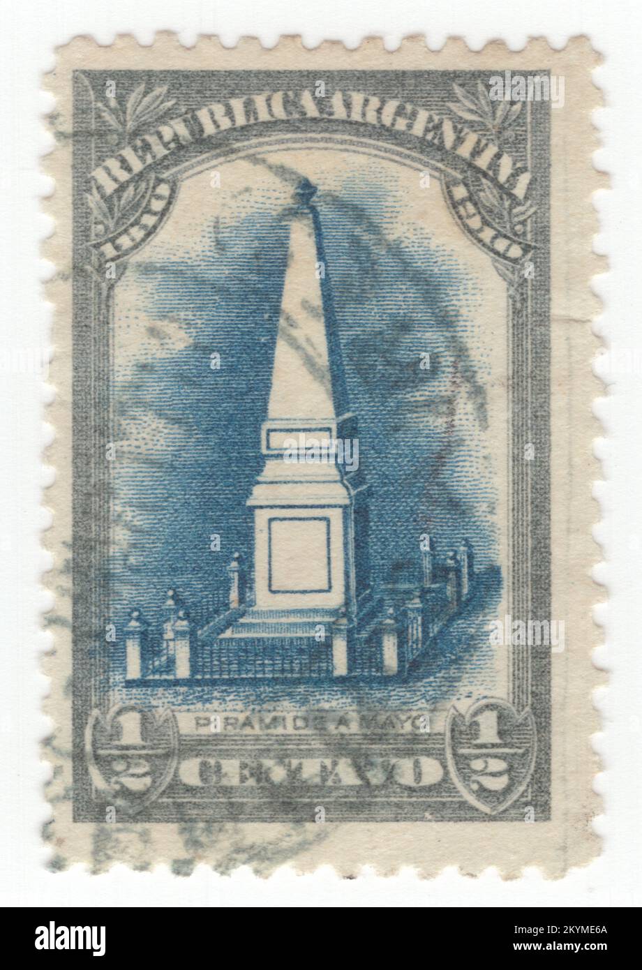 ARGENTINA - 1910: ½ centavos blue and grey-blue postage stamp depicting ...