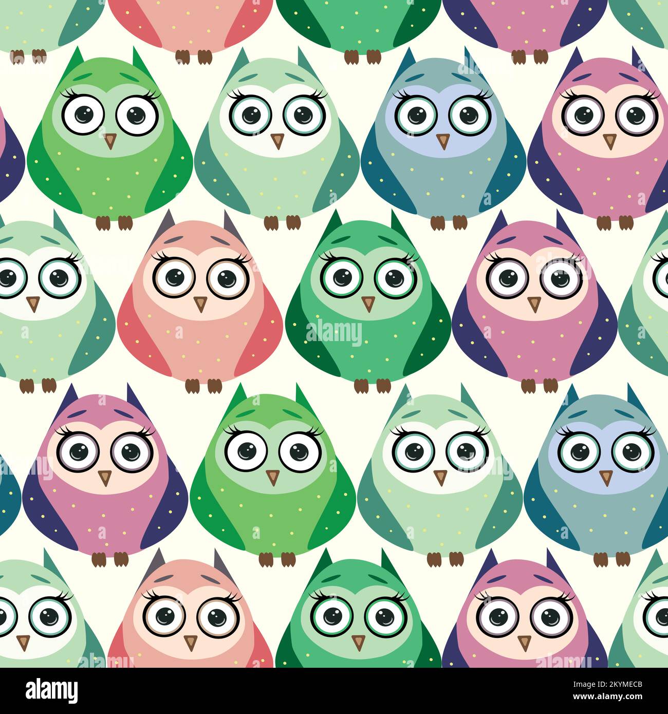 Cute multicolored owls and flowers in cartoon style, childish seamless ...