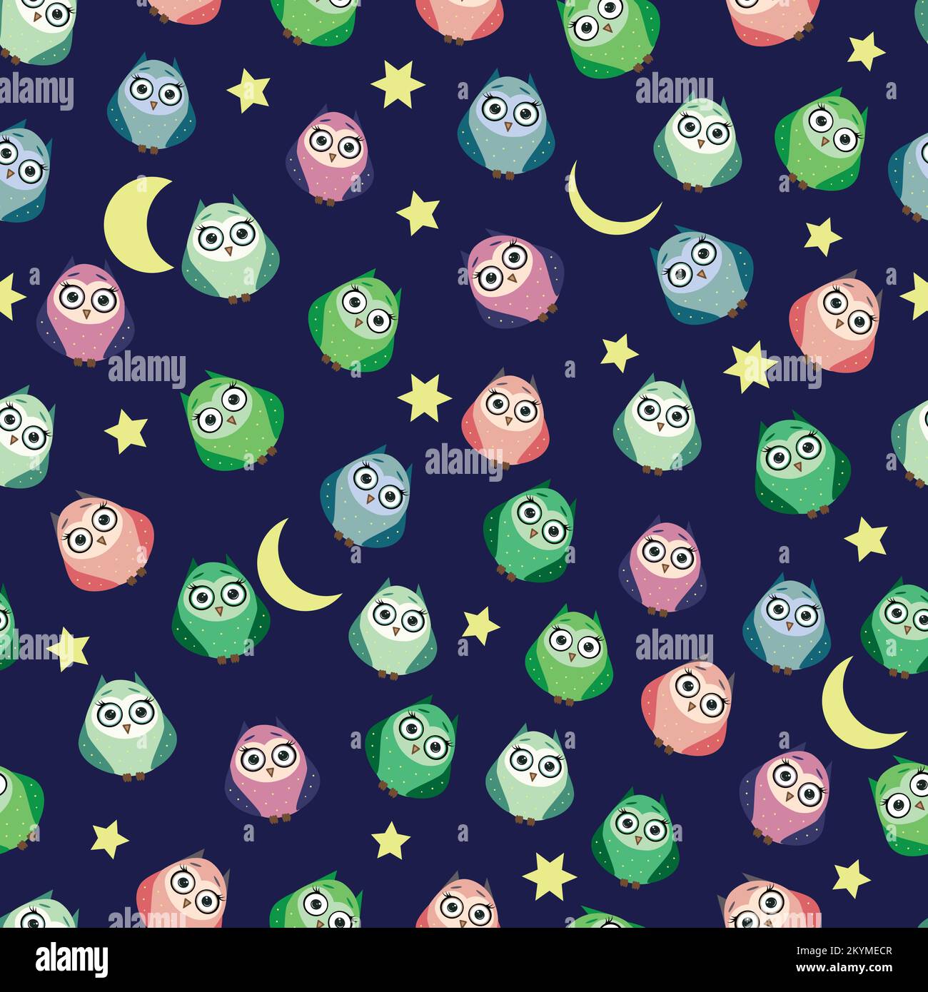 Cute multicolored owls at night with stars, clouds and moon. Seamless ...