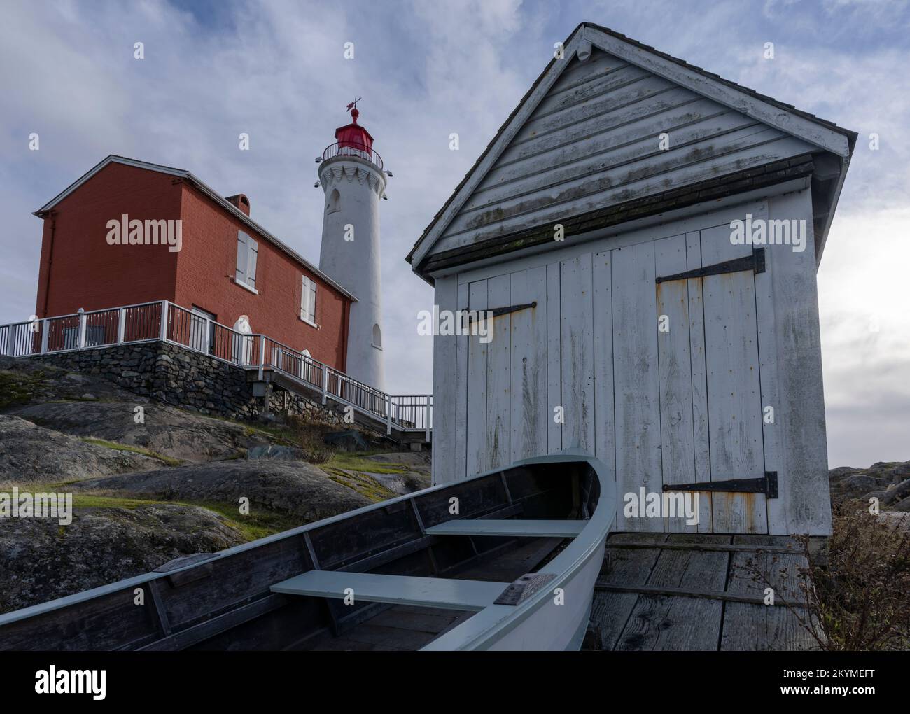The Fisgard Lighthouse and a boathouse at Fort Rodd Hill National ...