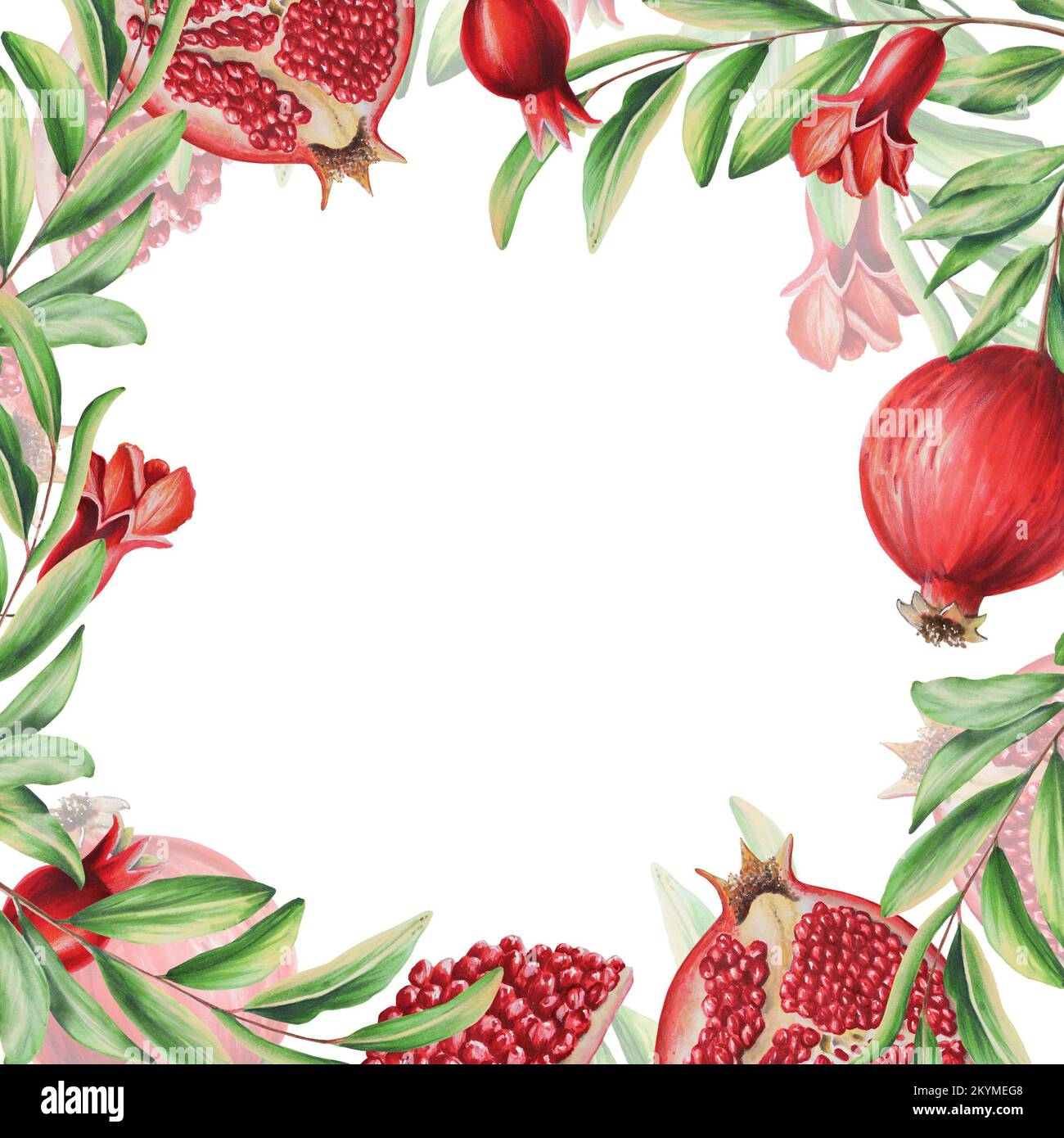 Watercolor pomegranate frame on a branch. Ripe slice, flowers and seeds ...