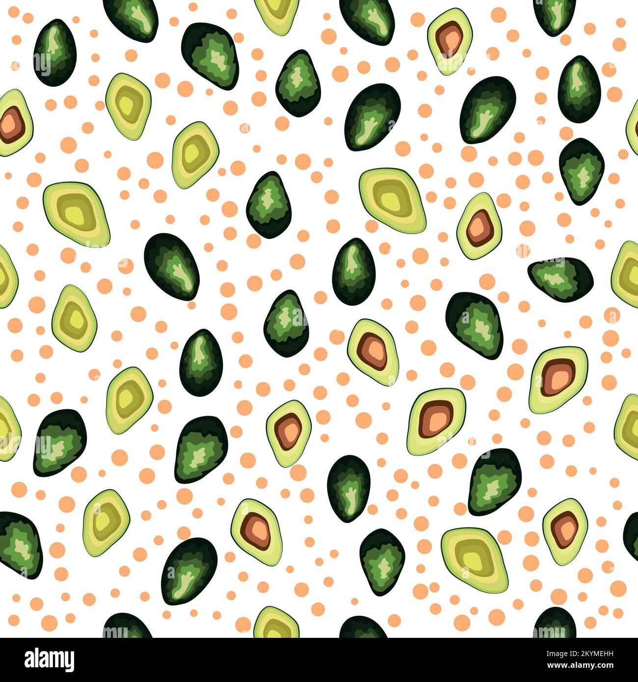 Avocado seamless pattern. Whole and sliced avocado with leaves and ...