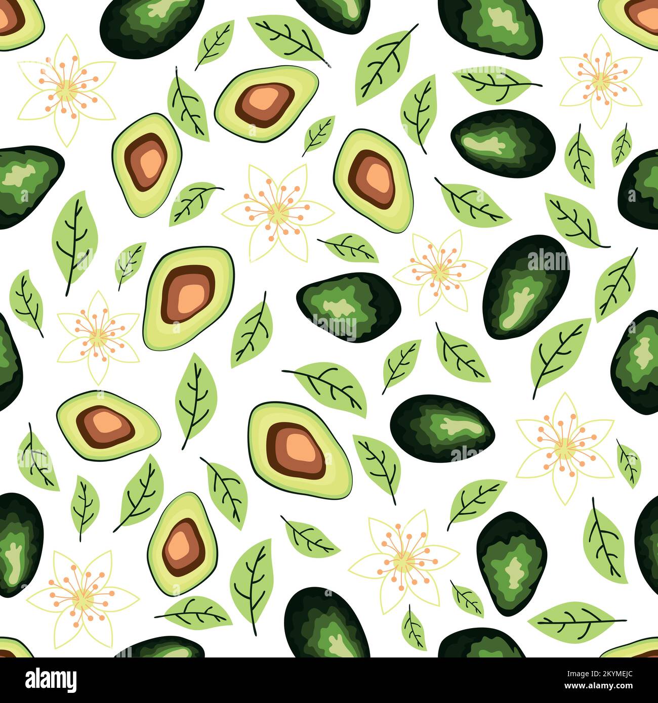 Avocado seamless pattern. Whole and sliced avocado with leaves and ...