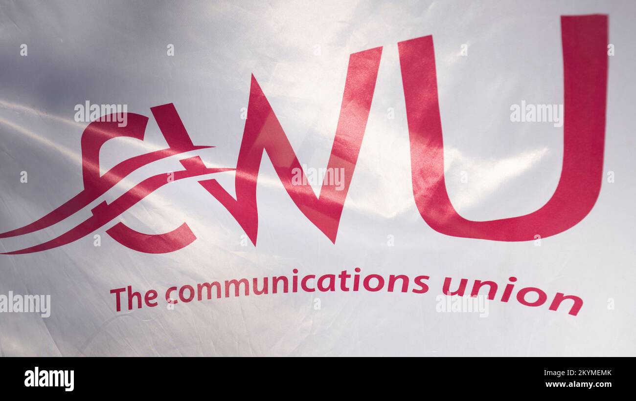 A CWU banner at the picket line outside Mount Pleasant Mail Centre ...