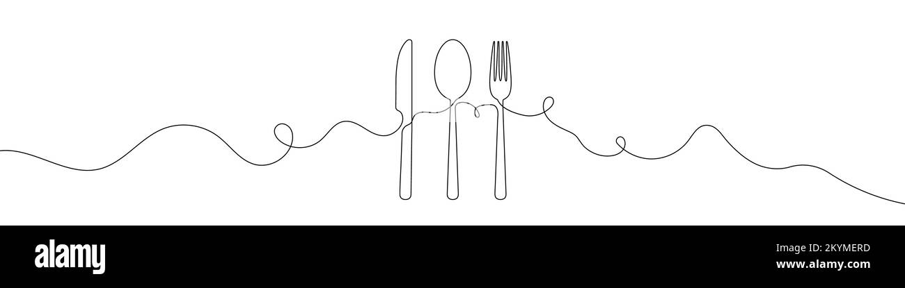 Spoon, fork and knife in continuous line drawing style. Line art ...
