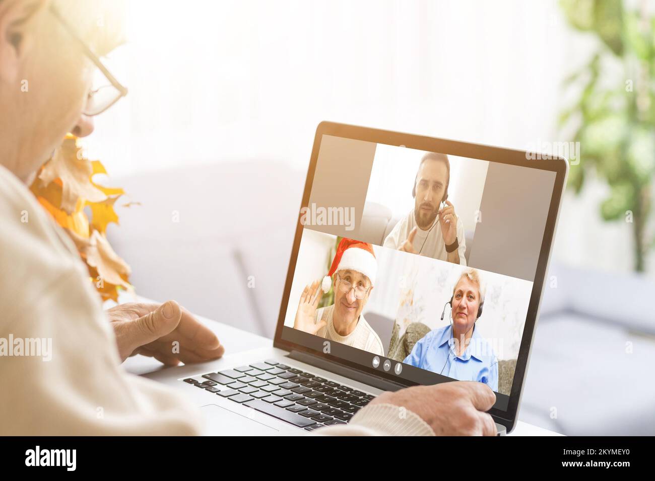 Online conference of colleagues through a laptop. Video call for ...