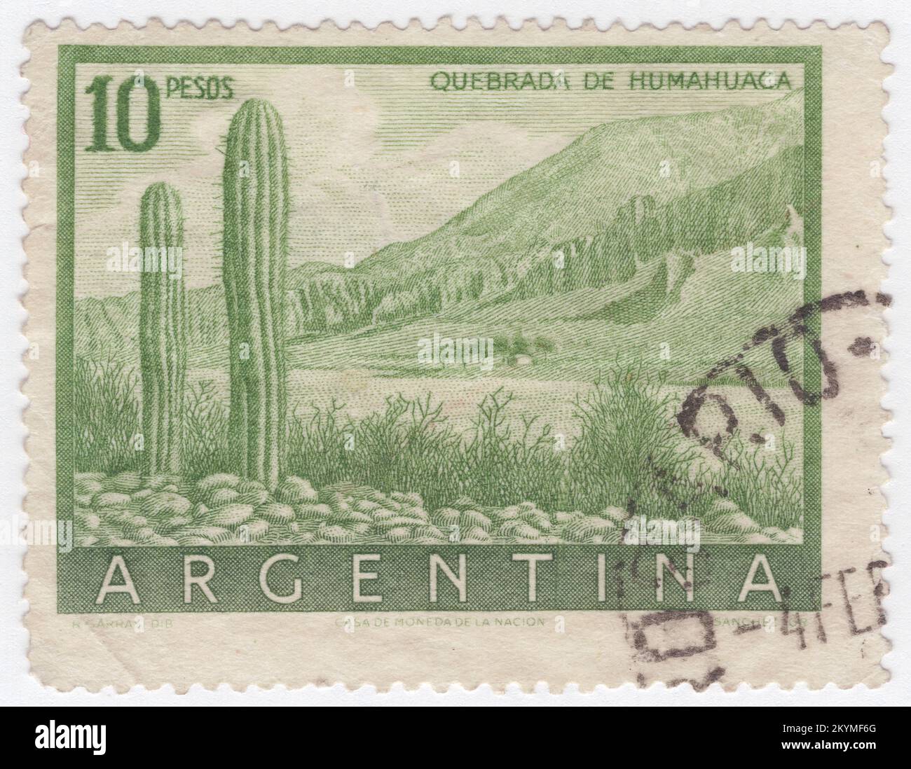 ARGENTINA - 1955: 10 pesos yellow-green postage stamp depicting Cliffs ...