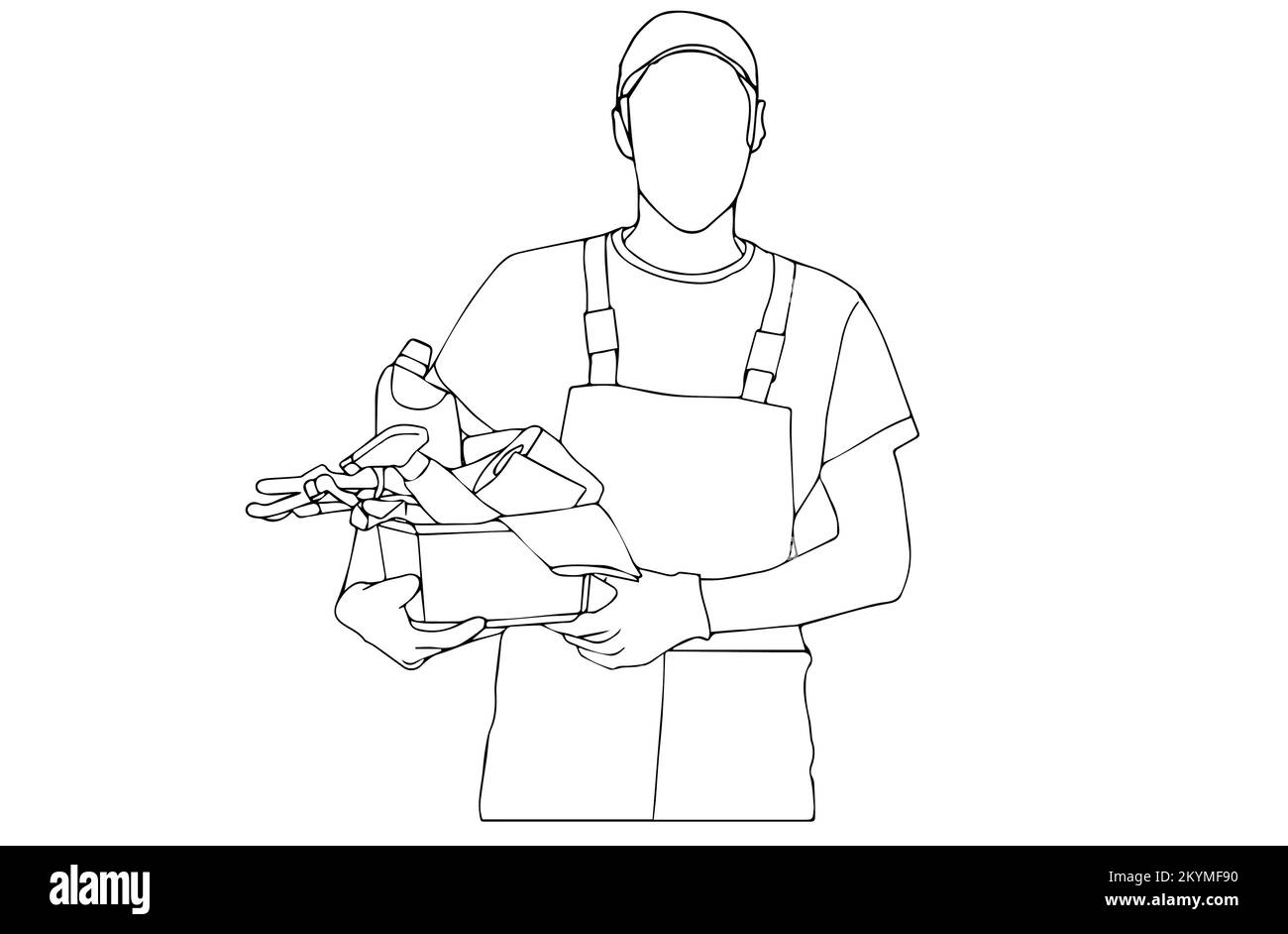 The guy in the cap courier with boxes. One line drawing isolated object ...