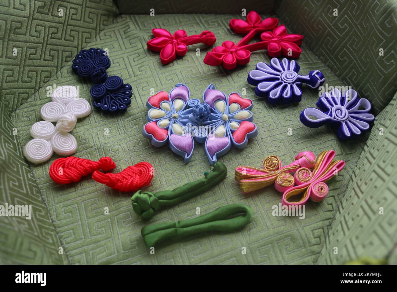 Mandarin button in Chinese filigree fabric surface Stock Photo - Alamy