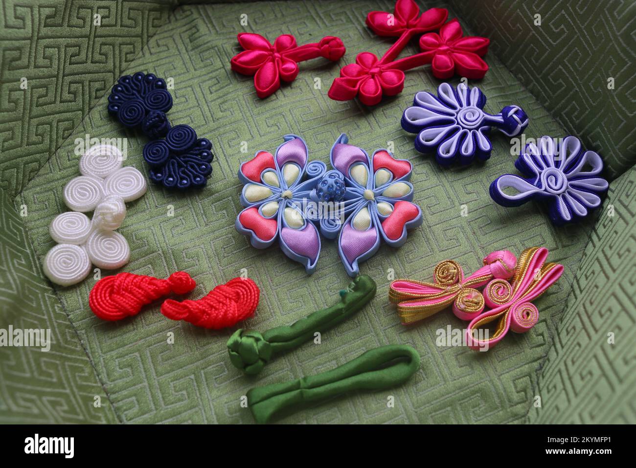 Mandarin button in Chinese filigree fabric surface Stock Photo - Alamy