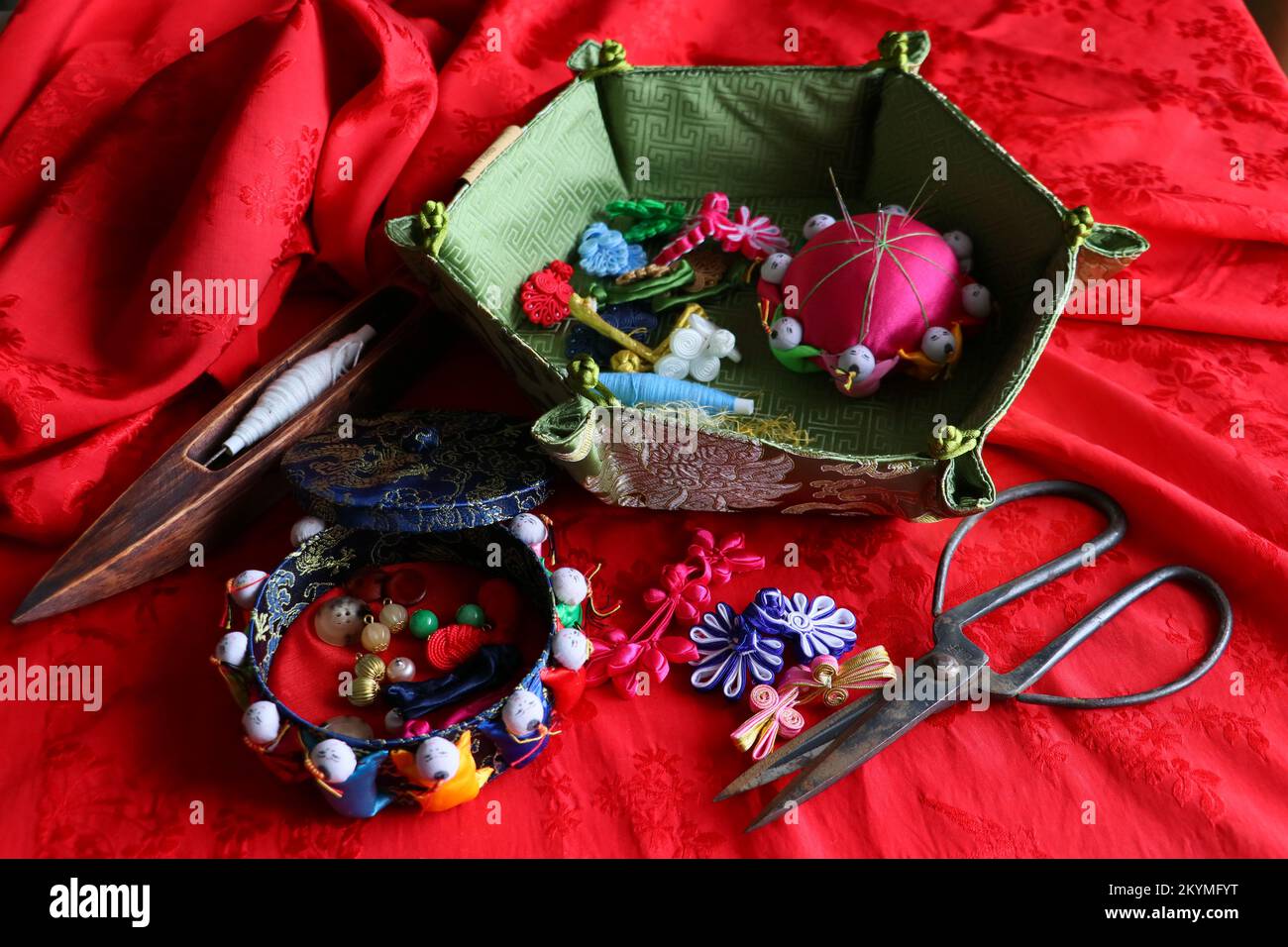 Chinese tailor accessories in silk background Stock Photo - Alamy