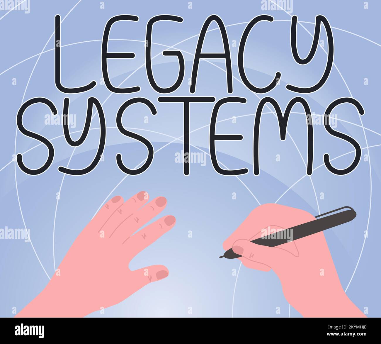 Handwriting text Legacy Systems. Word Written on old method technology ...
