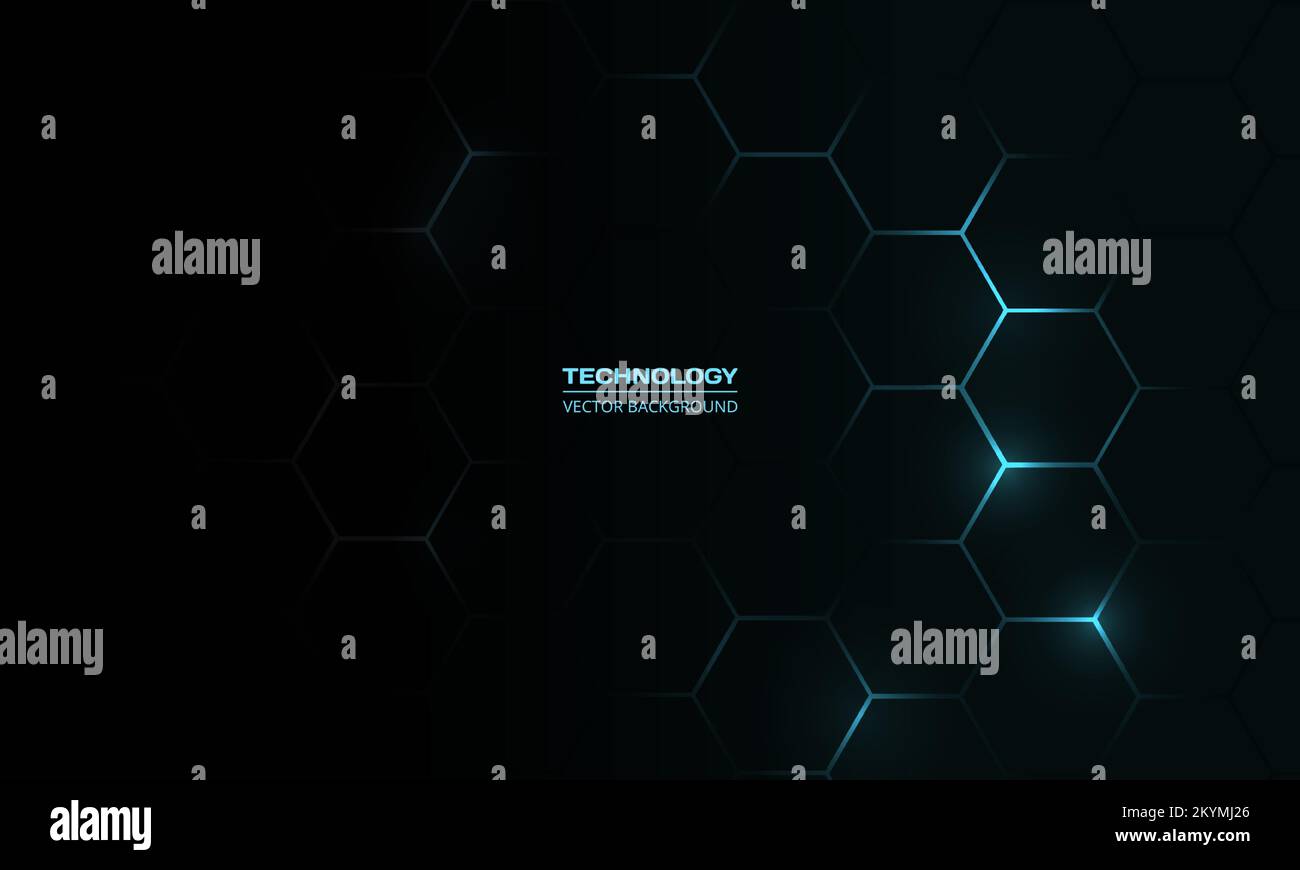 Black hexagonal technology vector abstract background. Blue bright energy flashes under hexagon ...