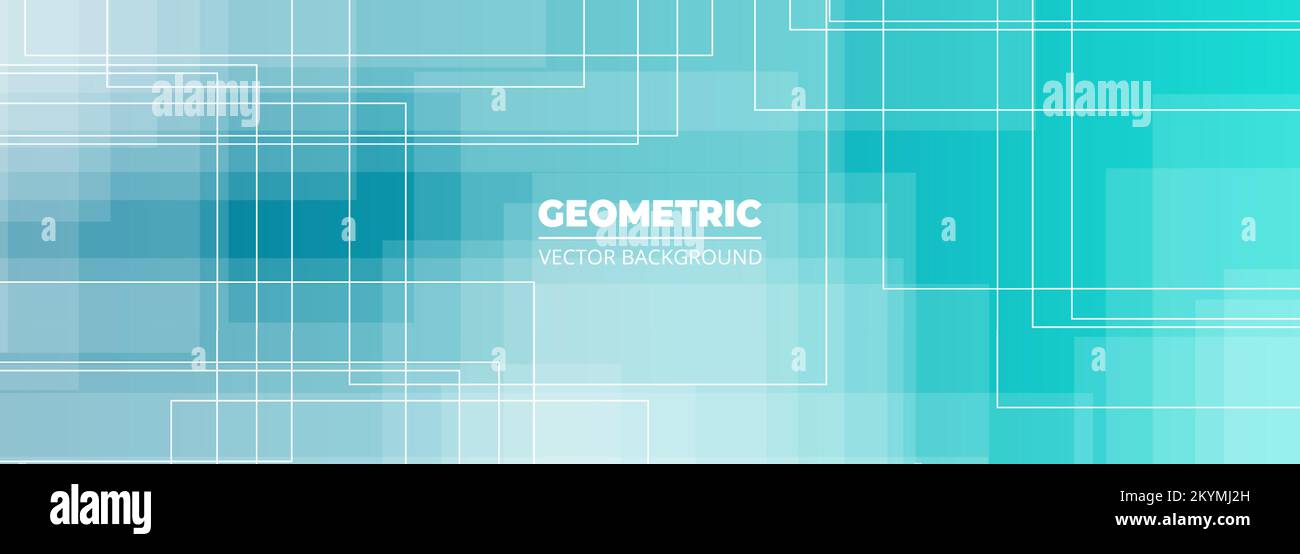 Turquoise geometric wide abstract background with white square lines ...