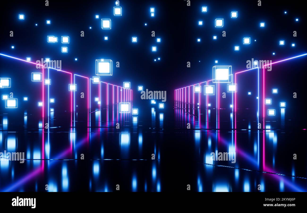 Glowing cubes and neon lines, neon tunnel and materials, 3d rendering ...