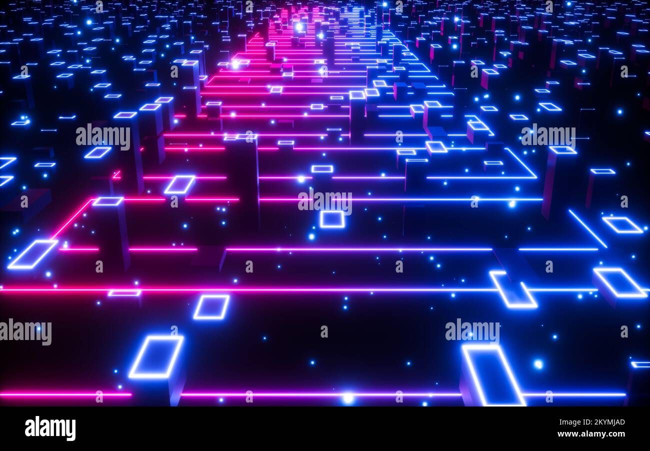 Glowing cubes and neon lines, neon tunnel and materials, 3d rendering ...