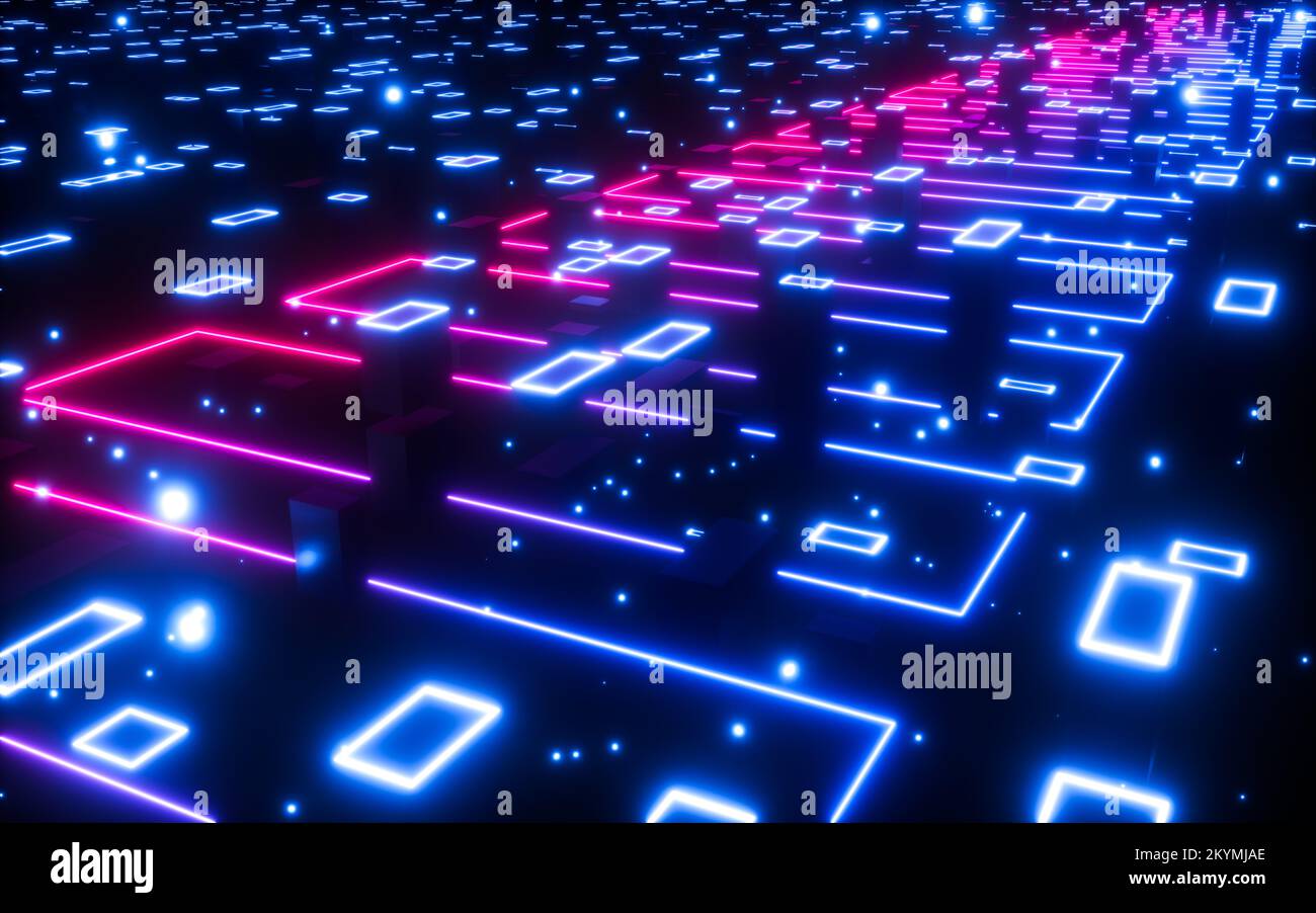 Glowing cubes and neon lines, neon tunnel and materials, 3d rendering ...