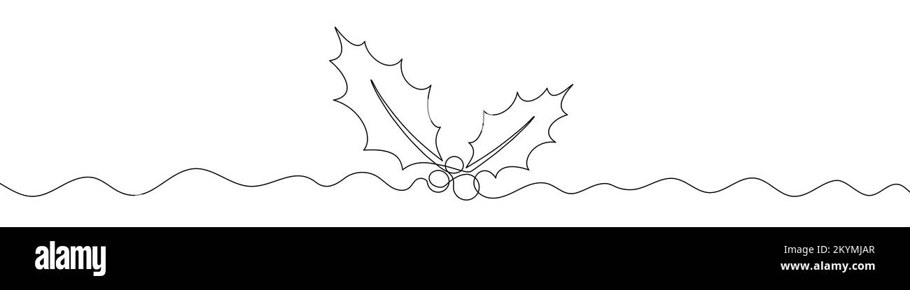 Christmas plant in continuous line drawing style. Line art of holly ...