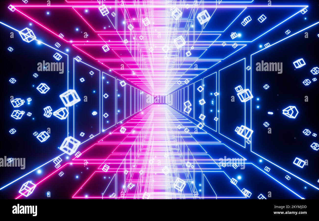 Glowing cubes and neon lines, neon tunnel and materials, 3d rendering ...