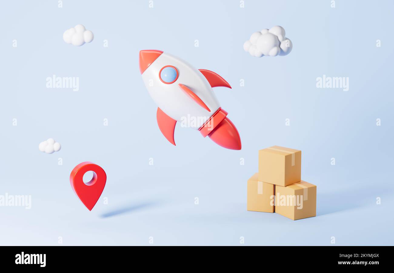 Rocket with boxes is ready to launch, Concept of the fast logistics and ...