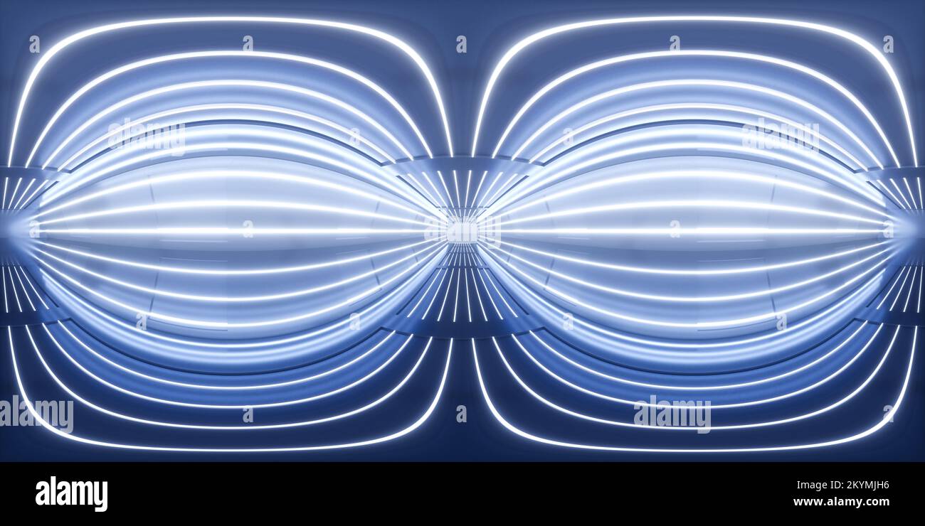 Blue tunnel with neon lines, 360 degree panorama, 3d rendering. Digital ...