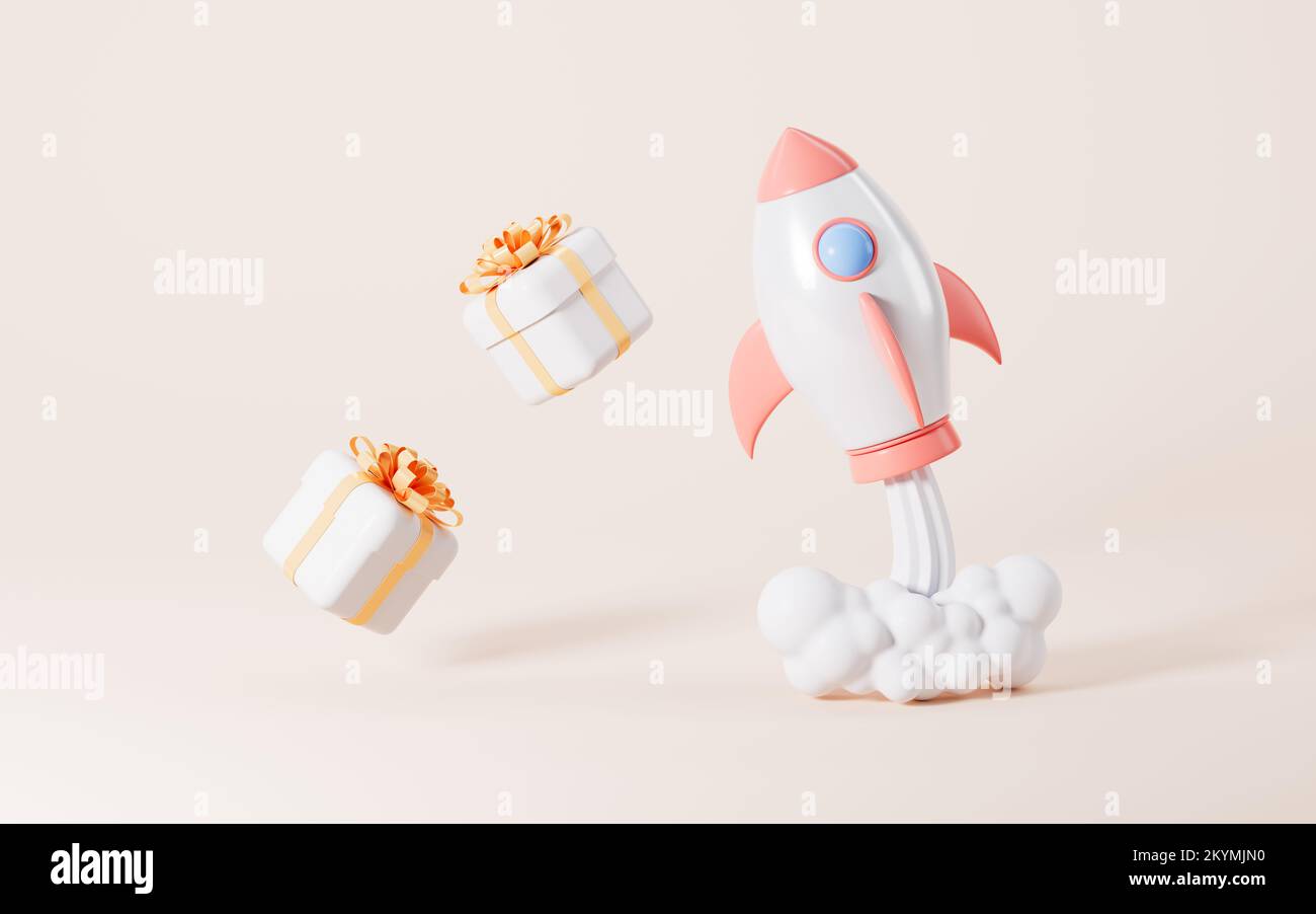 Rocket carries the gift on the yellow background, Shopping online and ...