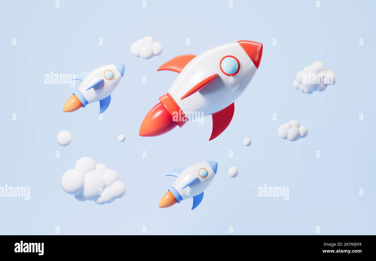 Cartoon rocket launching scene on the blue background, 3d rendering ...