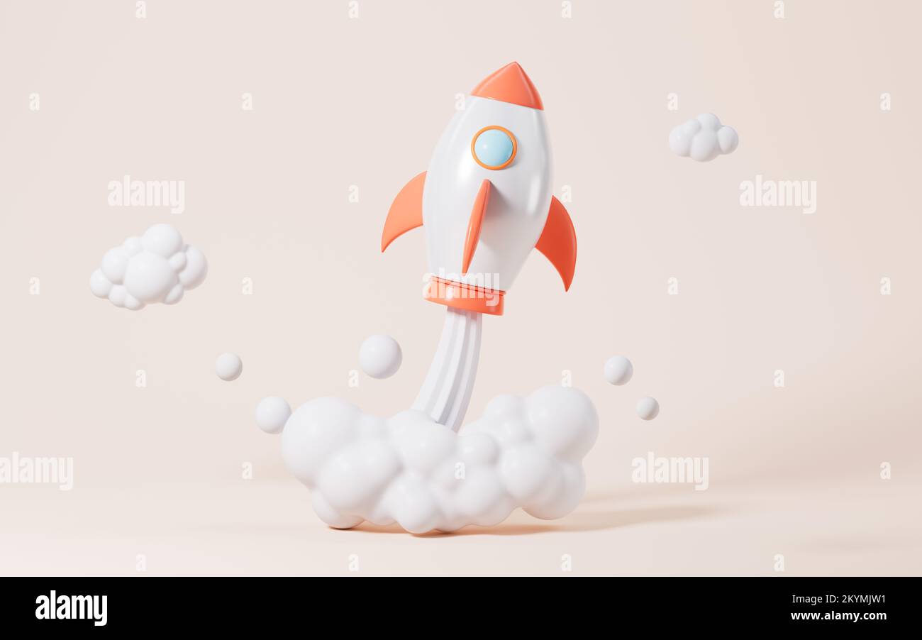 Cartoon rocket launching scene on the yellow background, 3d rendering ...