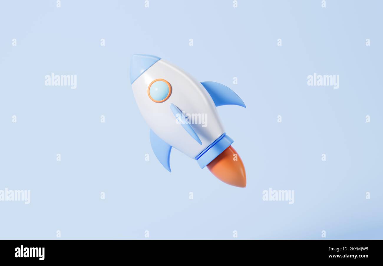 Cartoon rocket launching scene on the blue background, 3d rendering ...
