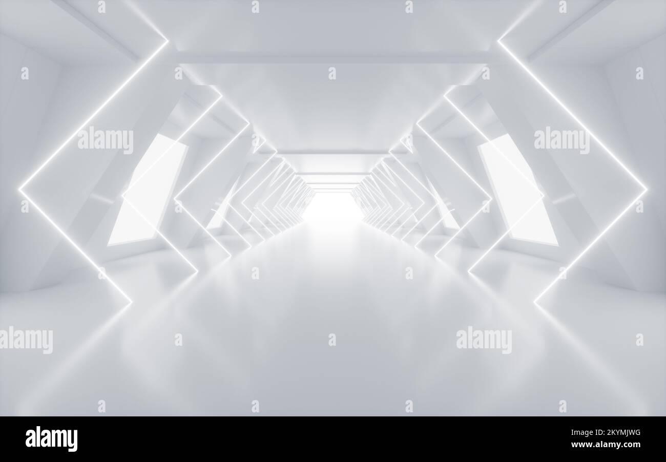 White abstract tunnel with glowing neon lines, 3d rendering. Digital ...