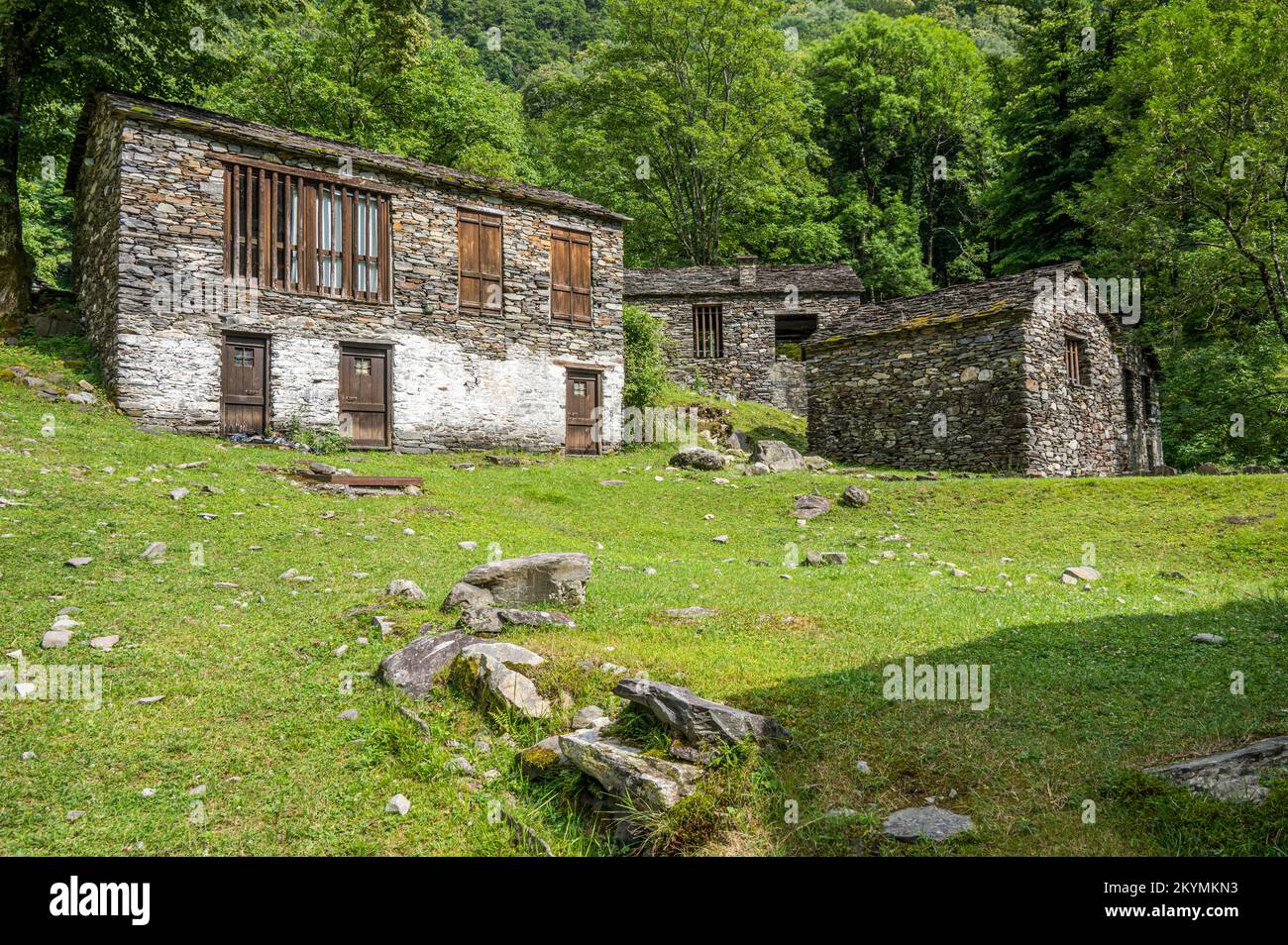 Ruined stone houses and mills in an abandoned mountain village in the ...